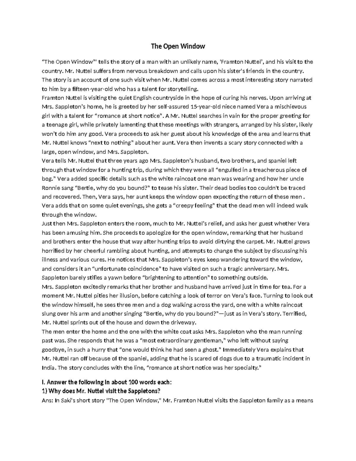 The Open Window (ENG 101) - Study Notes and Analysis - Studocu