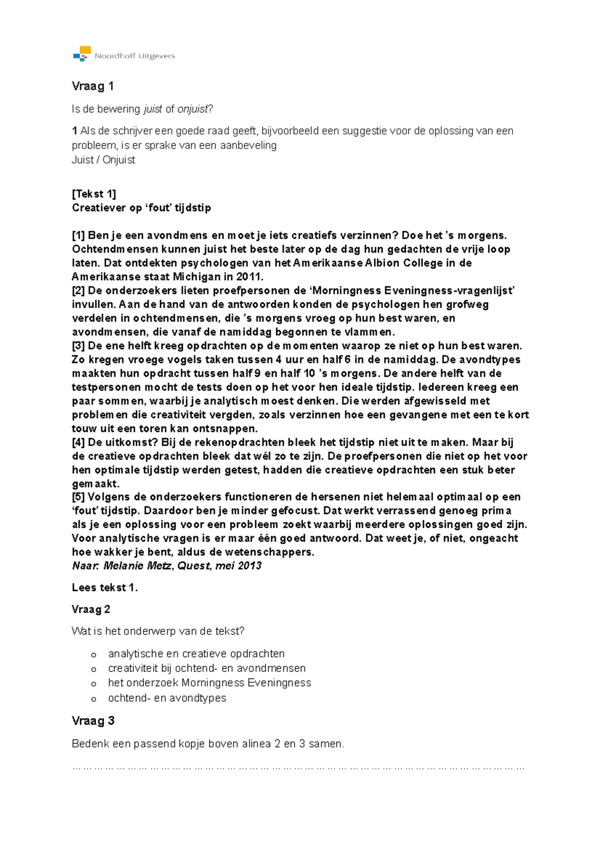 Oefentoets Lezen H5 & H6 - Evaluatie Creativiteit en Tijdstip - Studeersnel