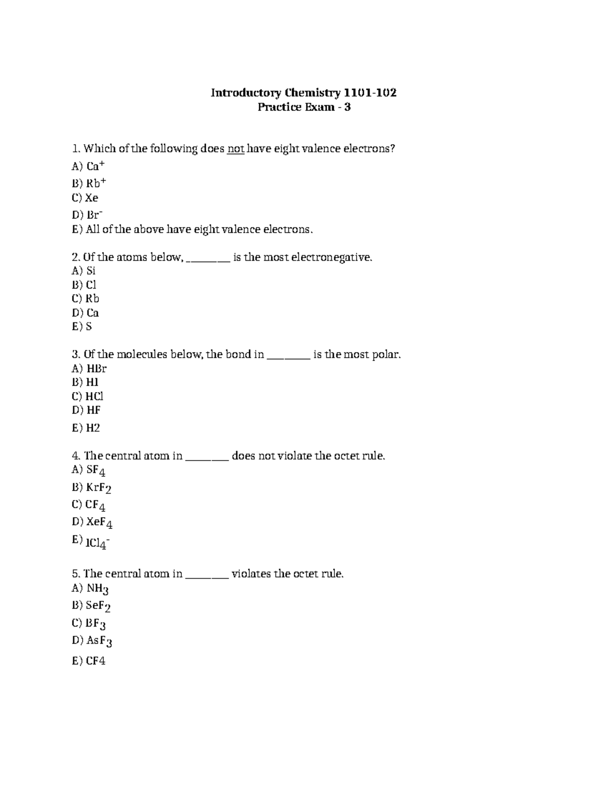 Introductory Chemistry 1101-102 Practice Exam - 3 - Introductory ...