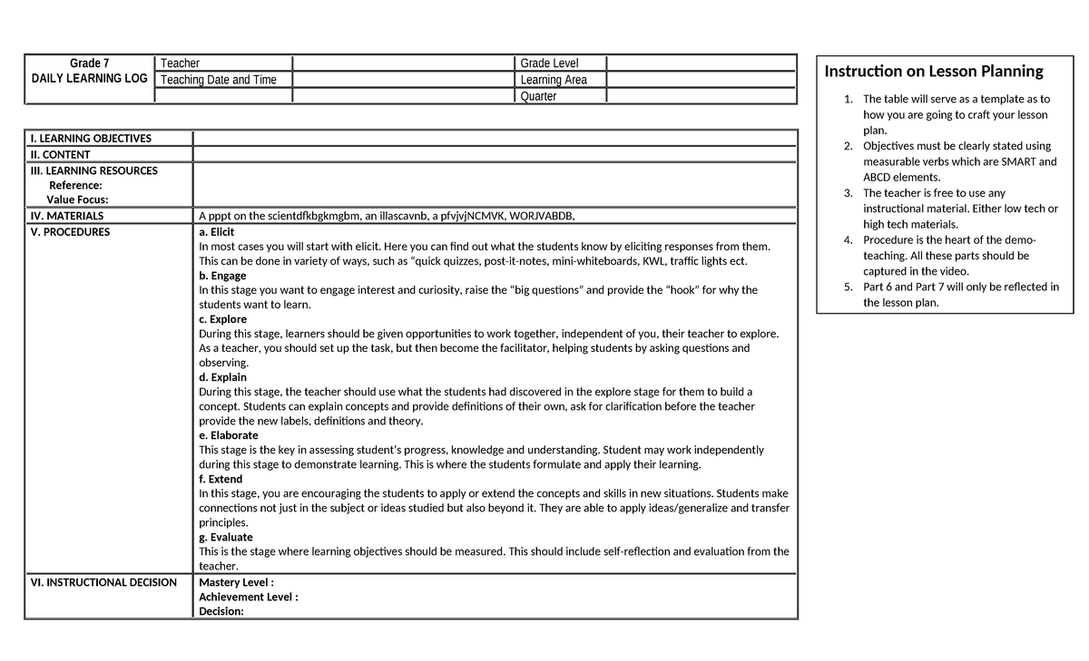 7Es-Lesson-Plan - Grade 7 DAILY LEARNING LOG Teacher Grade Level ...