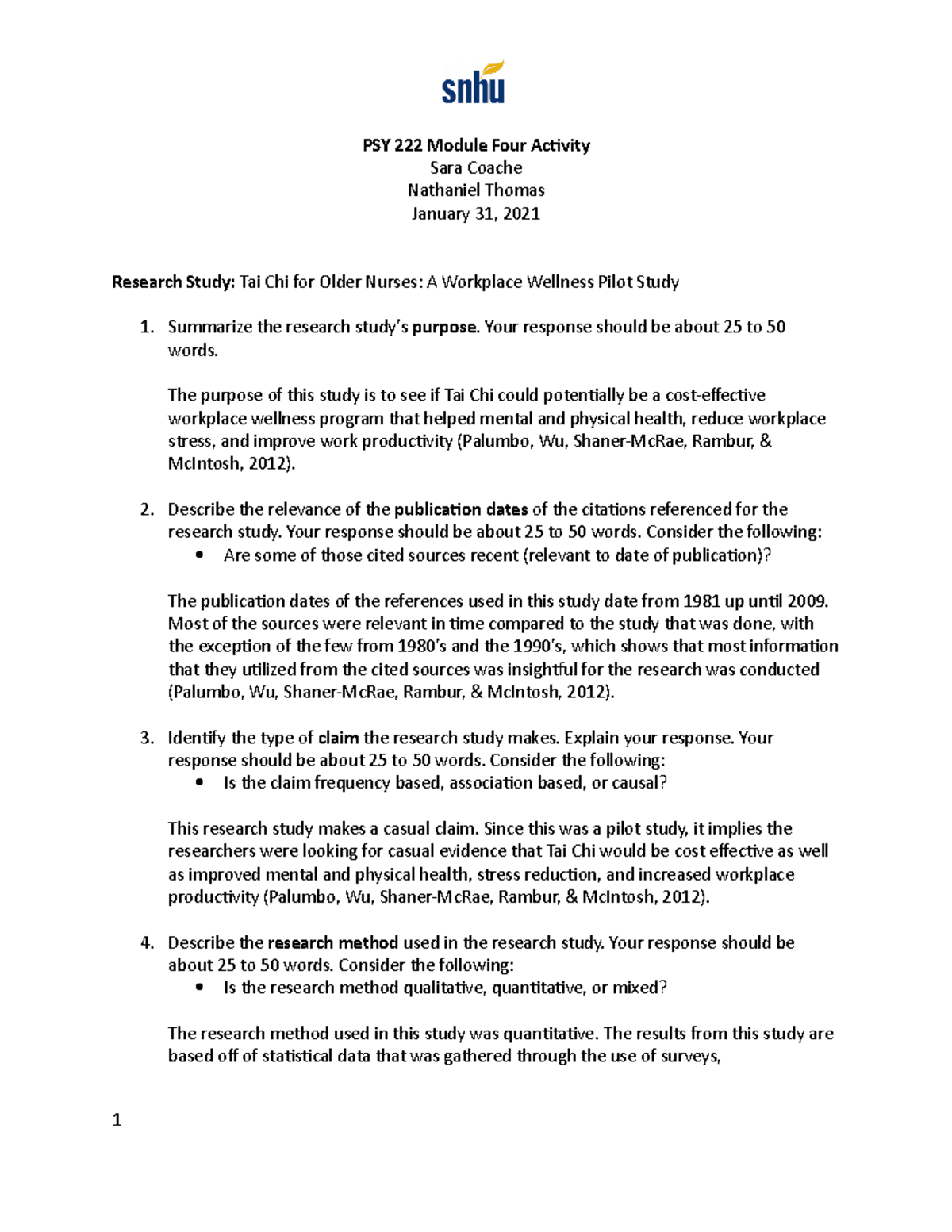 PSY 222 Module Four Activity - PSY 222 Module Four Activity Sara Coache Nathaniel Thomas January ...