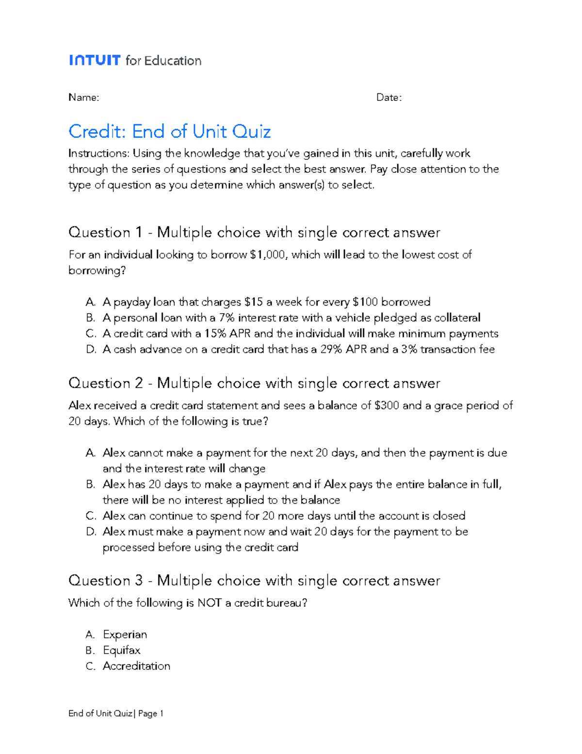 Credit Quiz: Understanding Credit Scores & Loan Options (End of Unit ...