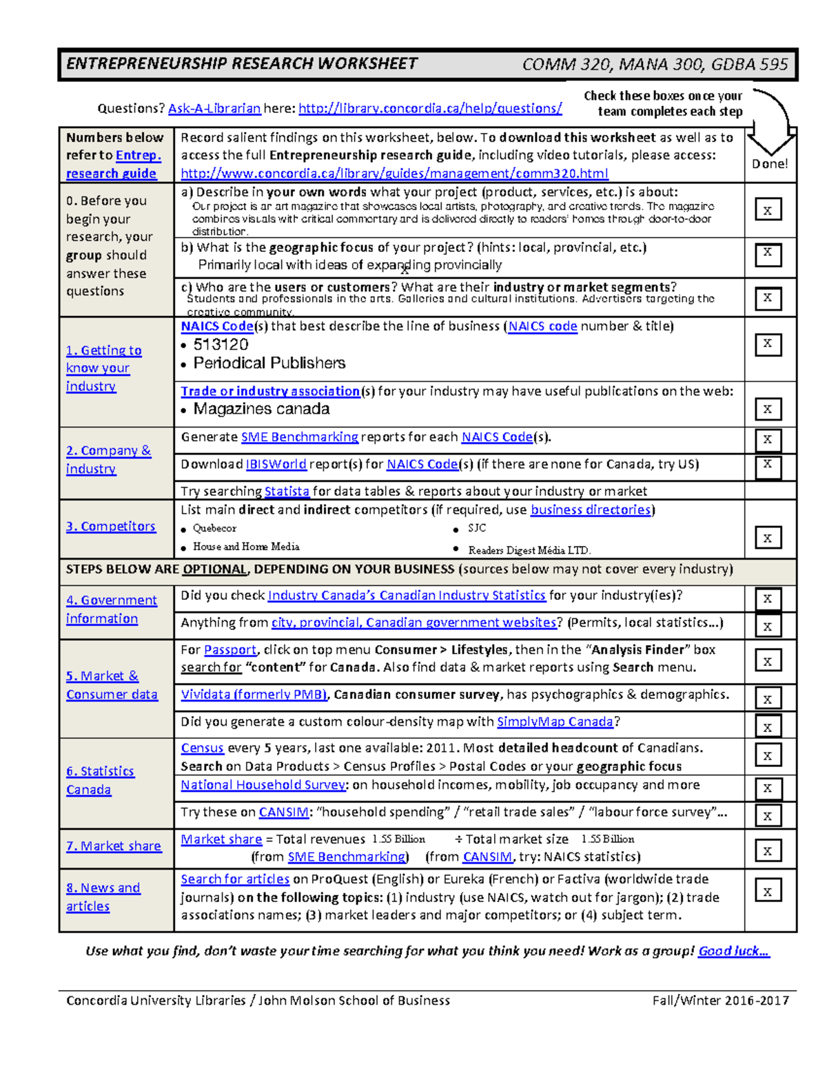 Business Plan Worksheet for ENTREPRENEURSHIP COMM 320, MANA 300, GDBA ...