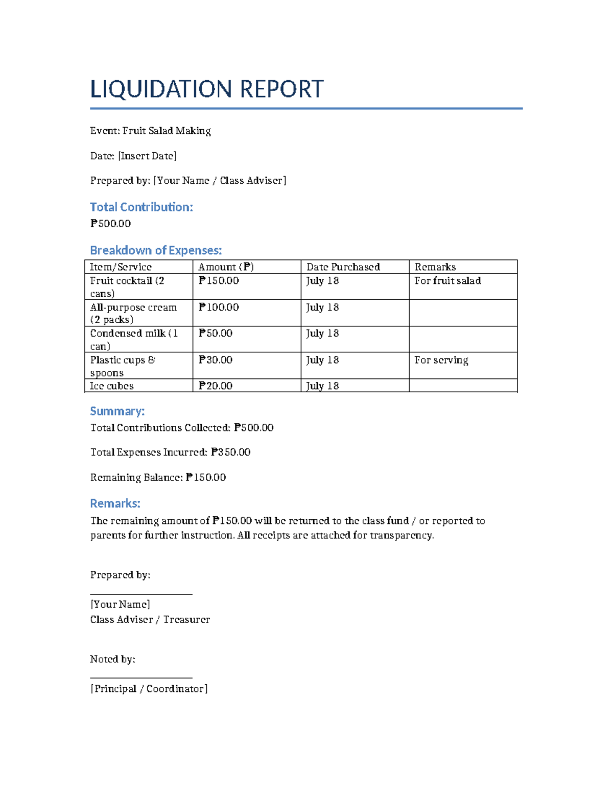 Liquidation Report Fruit Salad Making - LIQUIDATION REPORT Event: Fruit ...
