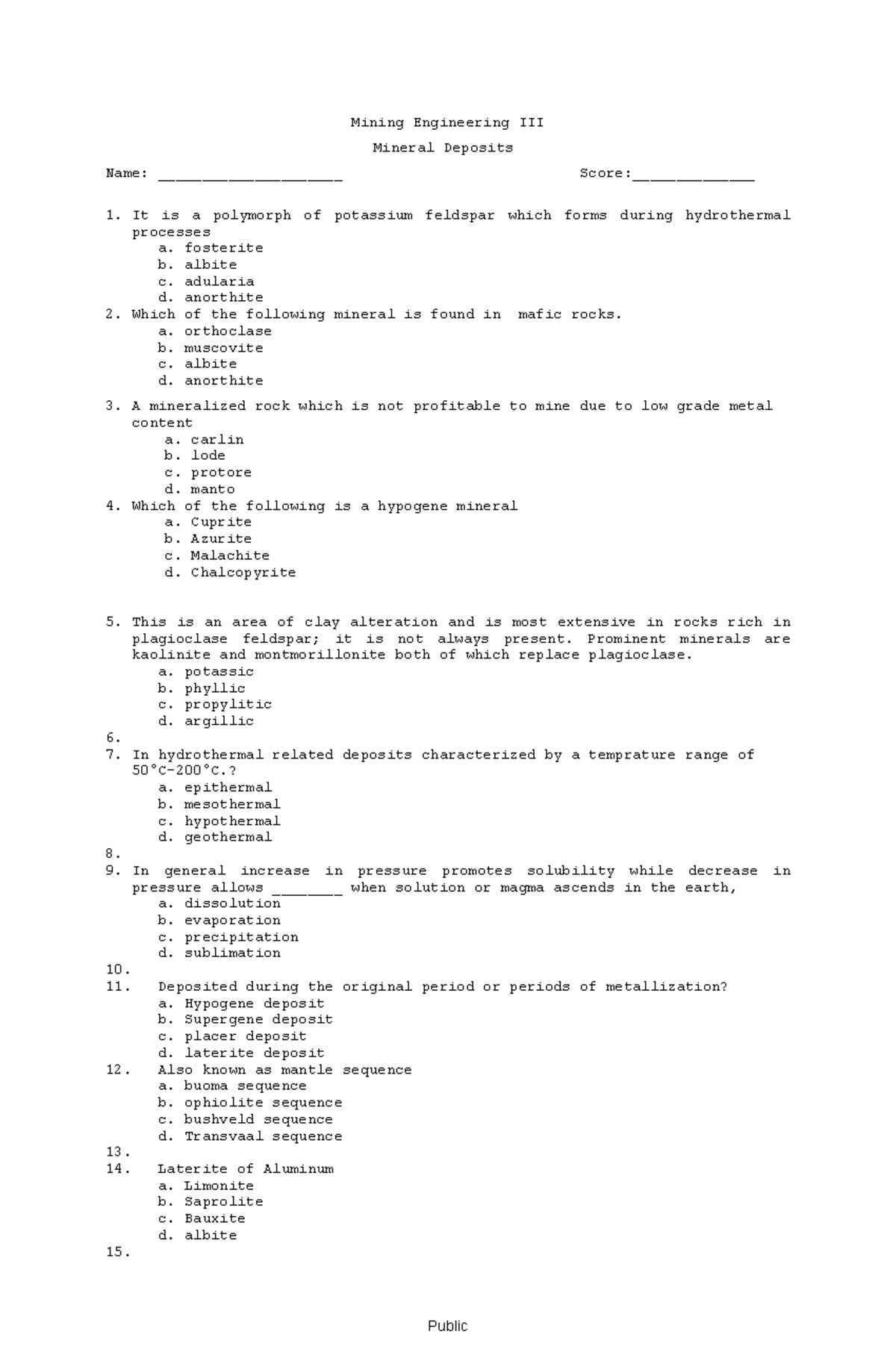 Mineral-Deposits-EM-Review-2021 Questionnaire - Public Mining Engineering III Mineral Deposits ...
