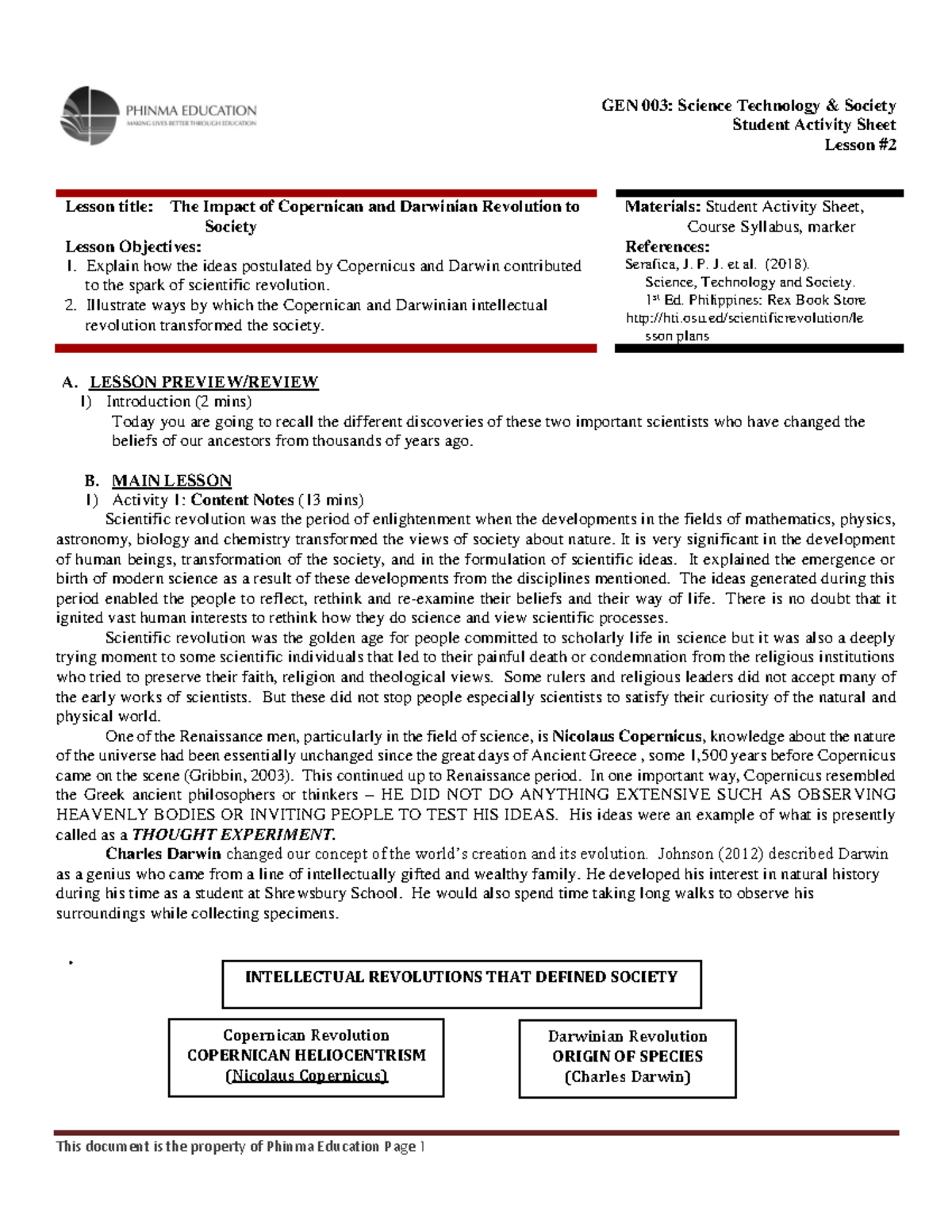 GEN 003 Lesson 2 STS SAS - Student Activity Sheet Lesson # Lesson title ...