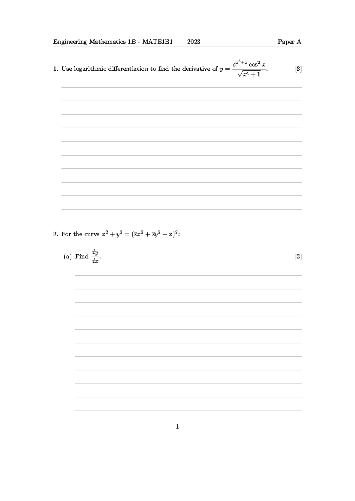 Engineering Mathematics 1B MATE1B1 2023 Paper A Solutions and Problems - Studocu