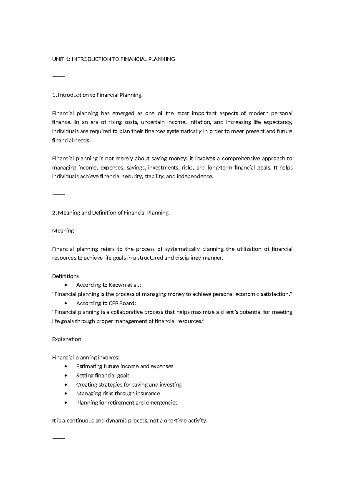 UNIT 1: Introduction to Personal Financial Planning and Goals - Studocu