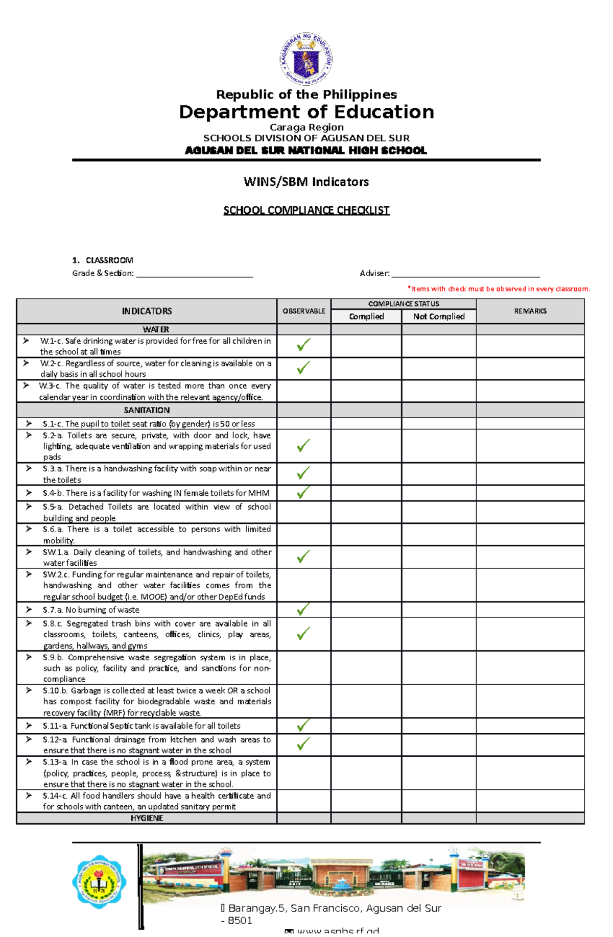 WINS/SBM Compliance Checklist for School Indicators - Agusan del Sur ...