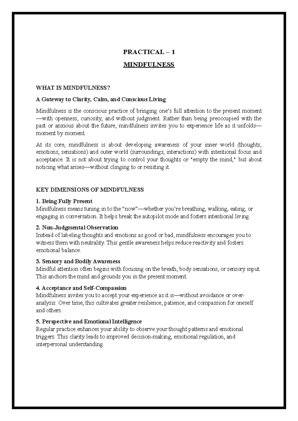 PRACTICAL 1: Exploring Mindfulness for Clarity and Calm - Studocu