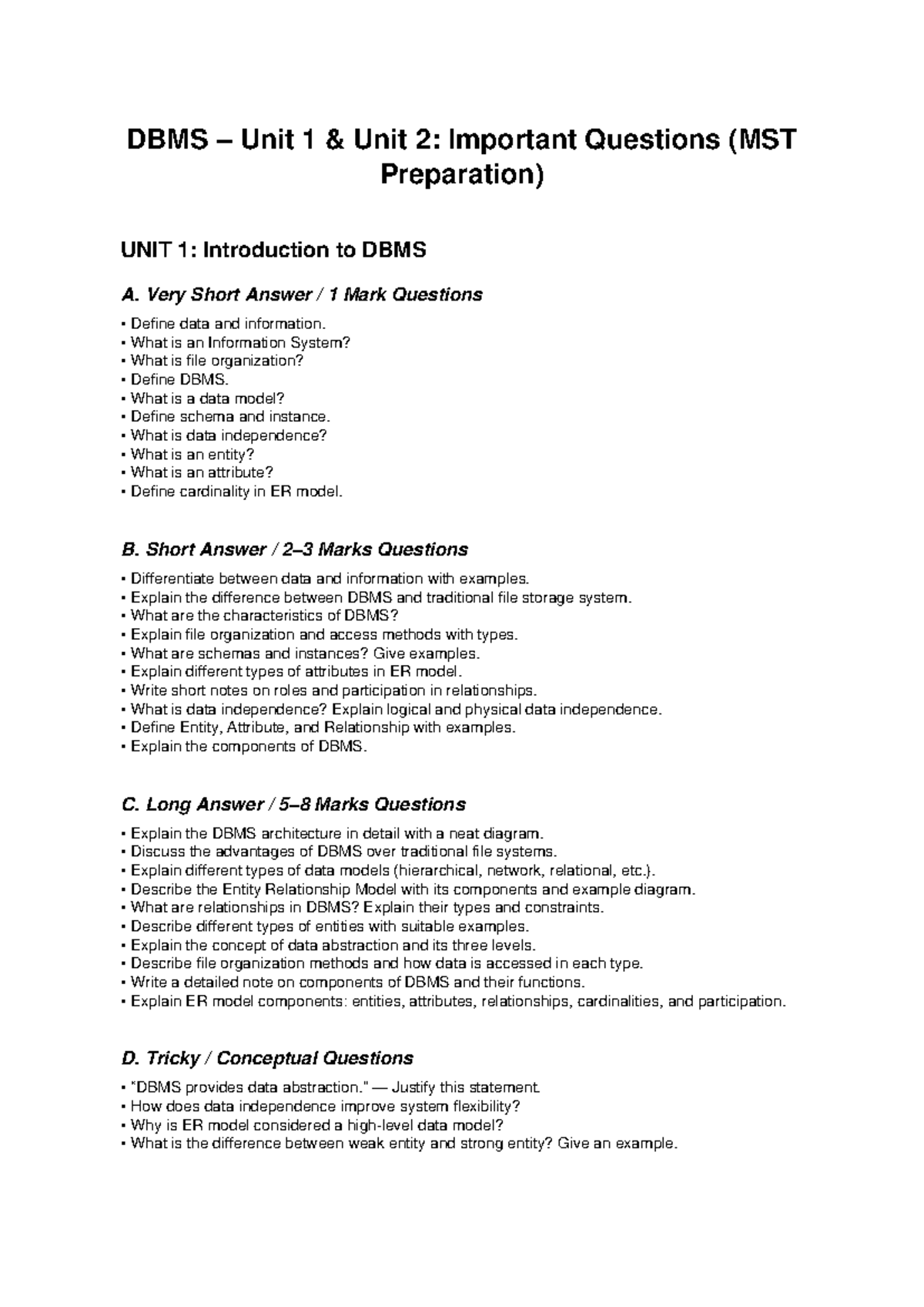 DBMS Unit 1 & Unit 2: Key Questions for MST Preparation - Studocu