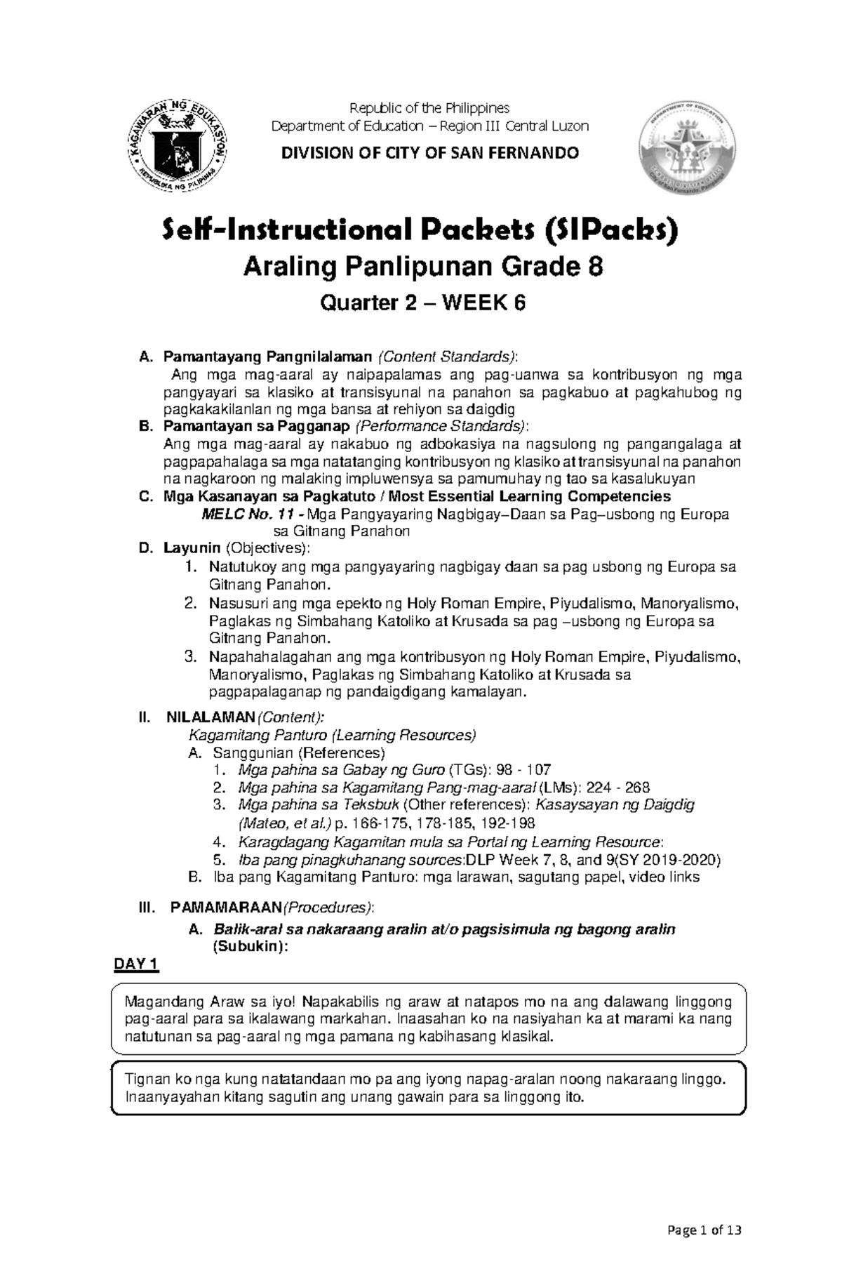 AP8 Week-6 Q2 Modified-Model-DLP - Republic of the Philippines Department of Education – Region ...