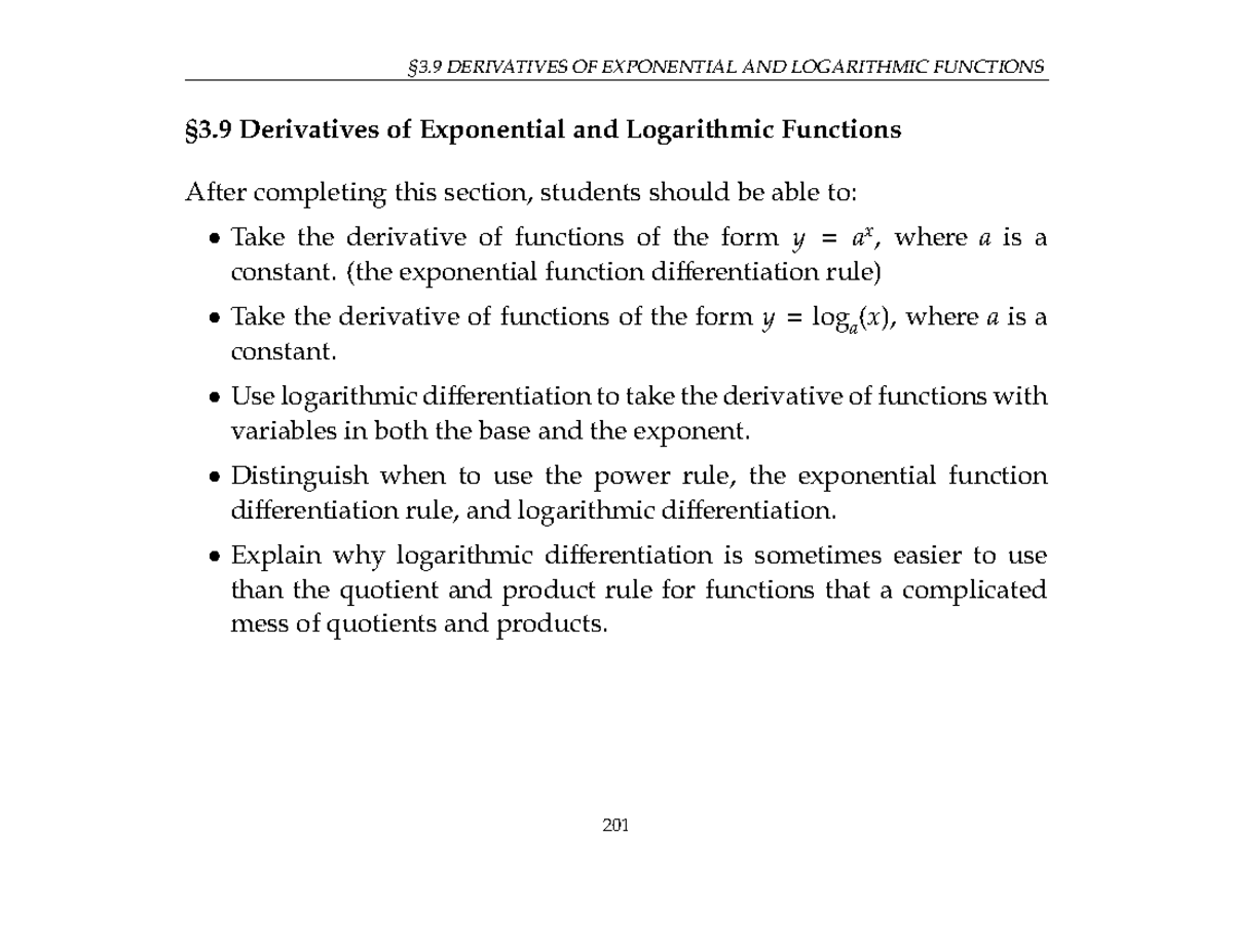 3.9 DERIVATIVES OF EXPONENTIAL & LOGARITHMIC FUNCTIONS - Studocu