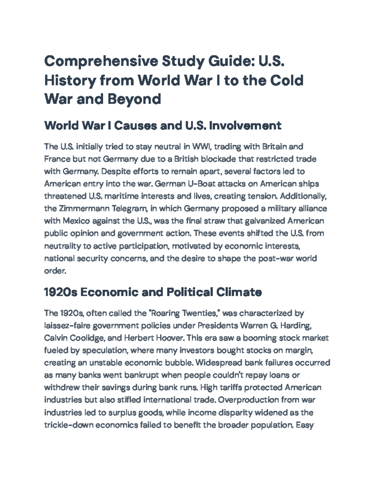 Comprehensive Study Guide: U.S. History (HIST 101) from WWI to Cold War ...