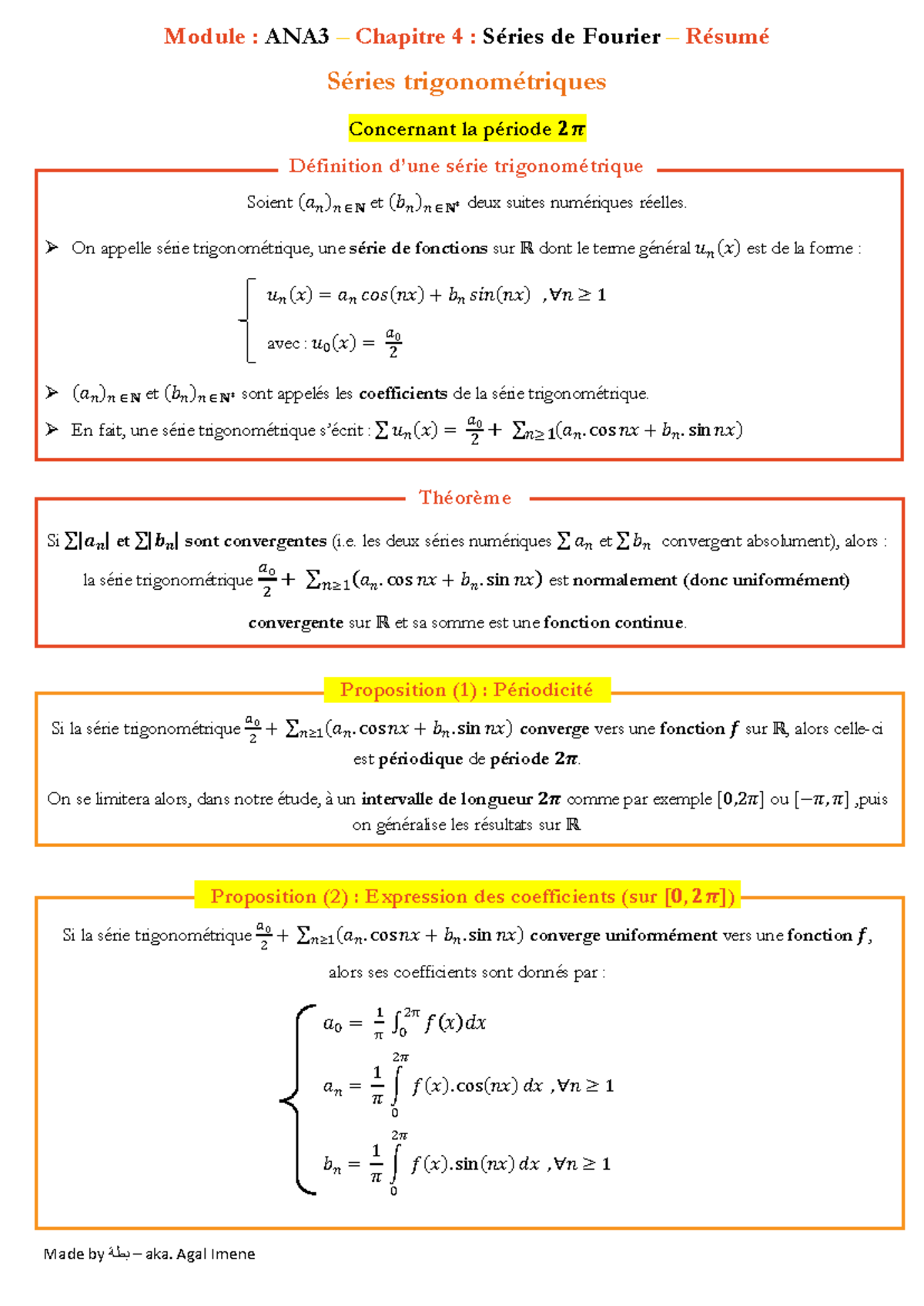 ANA3 - Chapitre 4 : Résumé des Séries de Fourier - Studocu