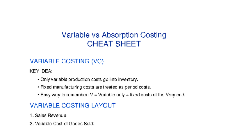 Costing Cheat Sheet: Variable vs Absorption Costing (CHEAT SHEET) - Studocu