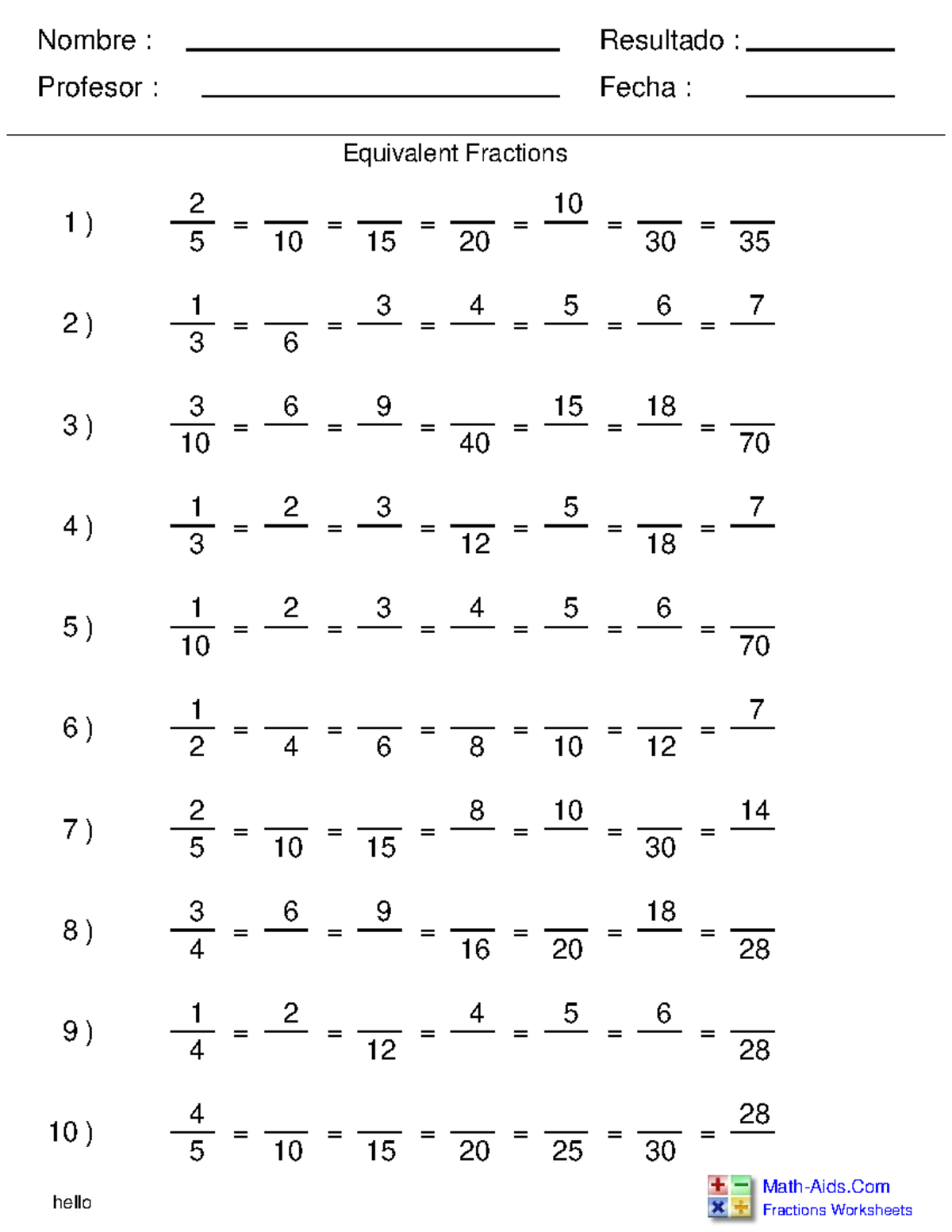 Equivalent Fractions Worksheet - Fraccion 1 - Facil - Studocu