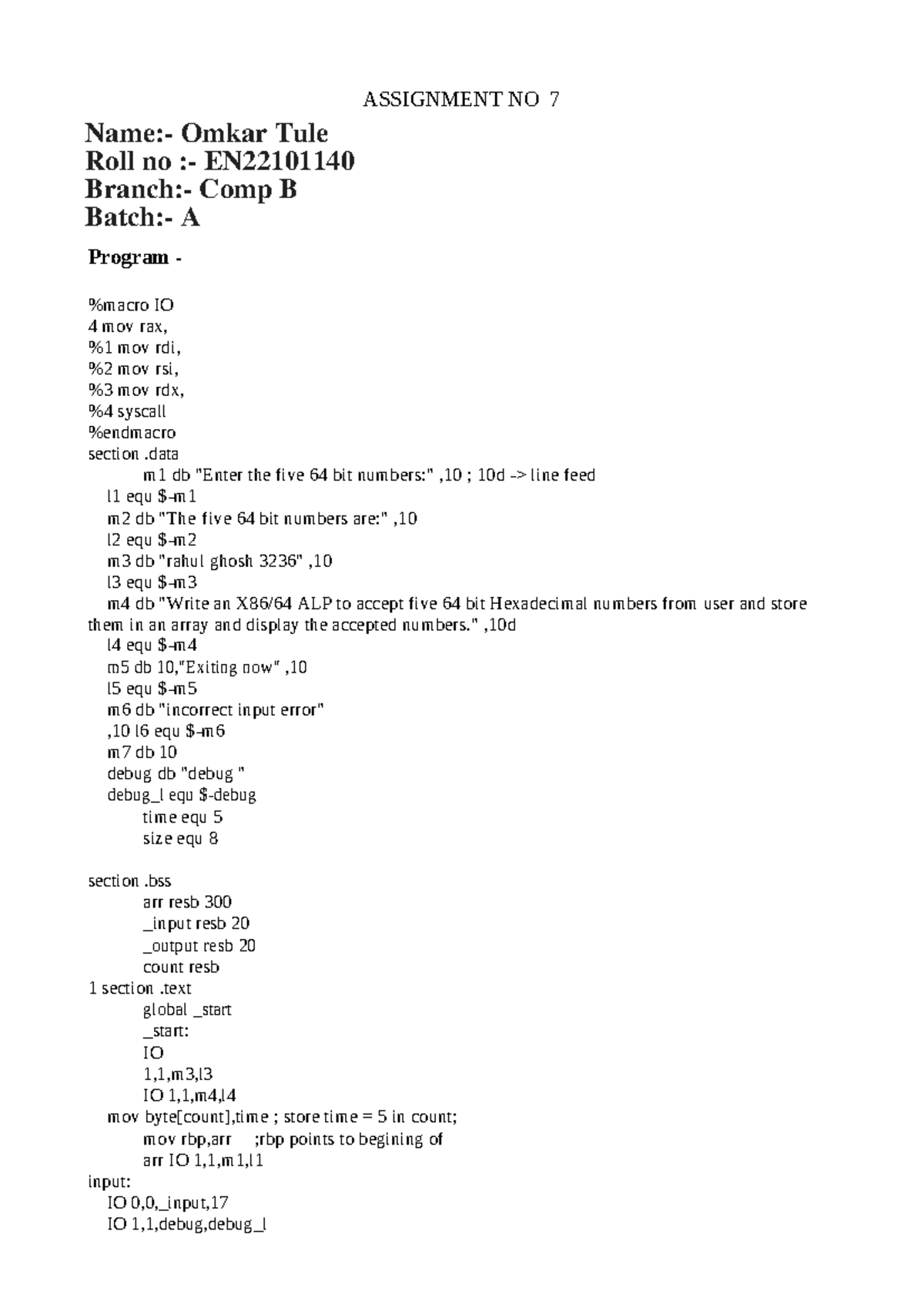 EN22101140 Assignment 7: ALP for Hexadecimal Input & Display - Studocu