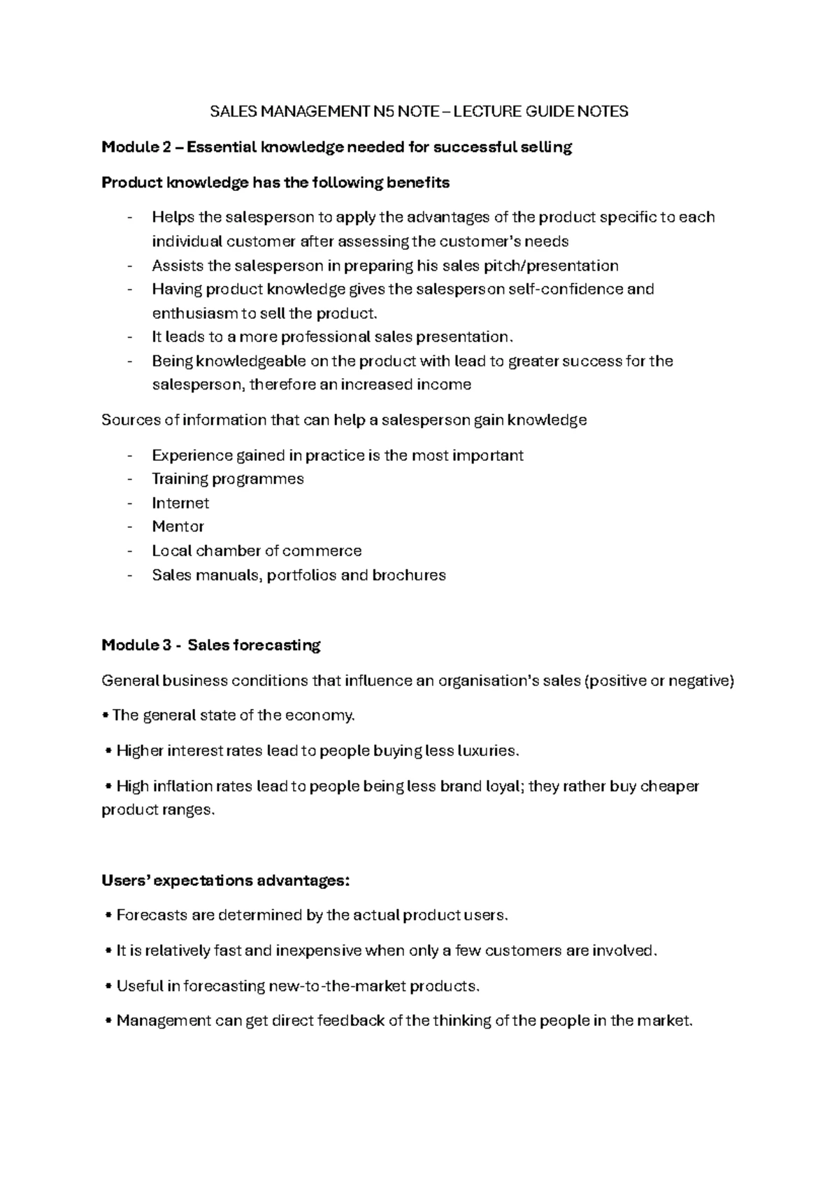 Sales Management N5: Module 2 & 3 Lecture Notes Overview - Studocu