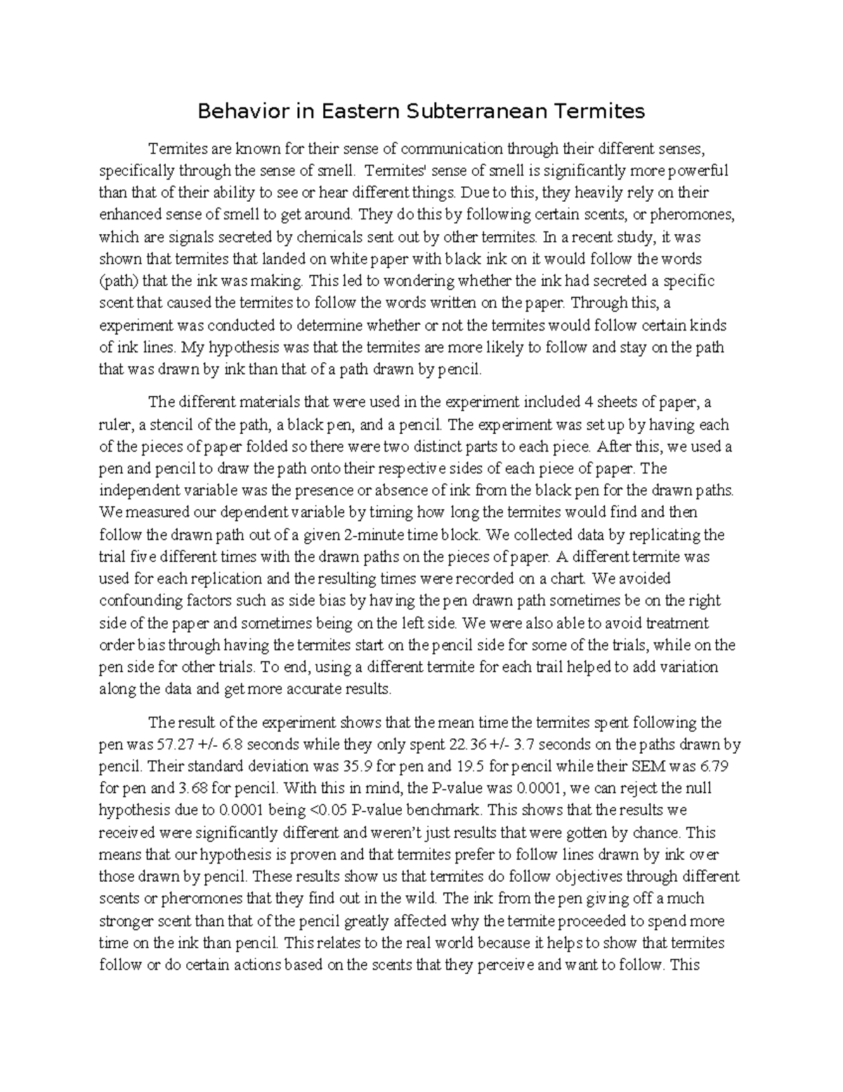 Termite Behavior Paper - Behavior in Eastern Subterranean Termites ...