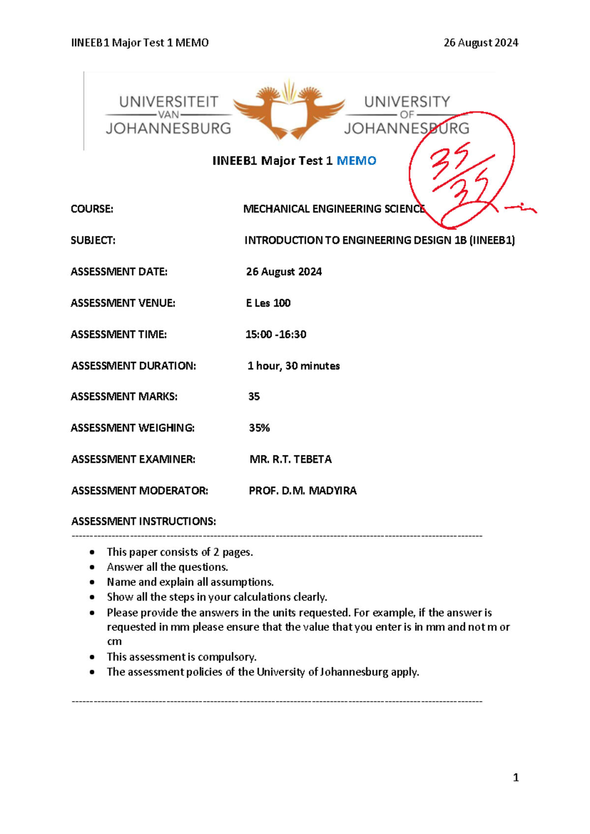 IINEEB1 Major Test 1 MEMO - Mechanical Engineering Design - Studocu