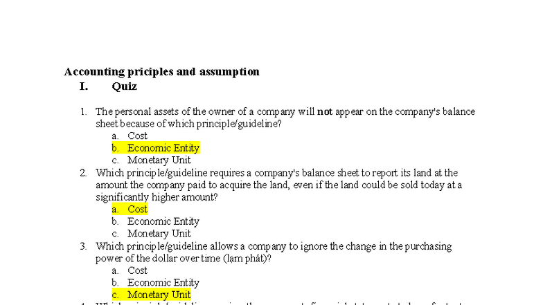 Accounting Principles and Assumptions I: Quiz 1 Insights - Studocu