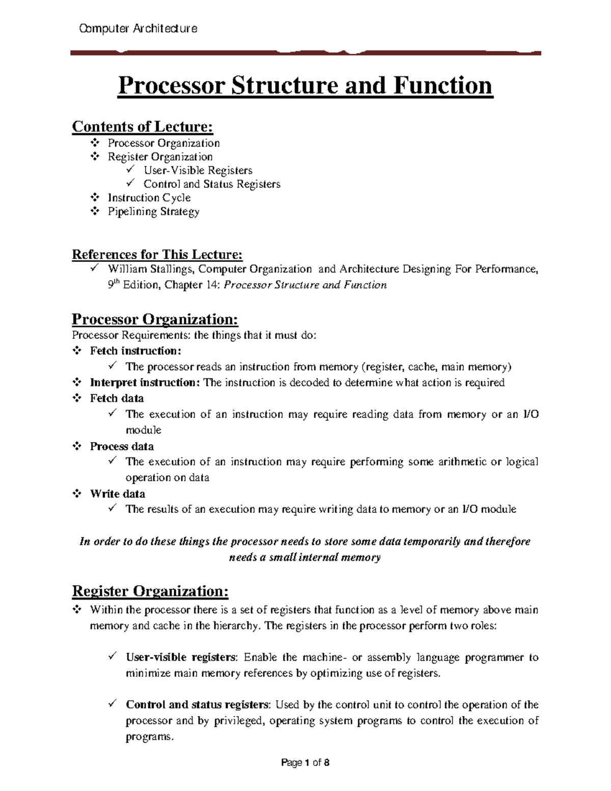 COMP Architecture- Processor Structure and function - sem7 lecture No (8) علوم حاسوب Processor ...
