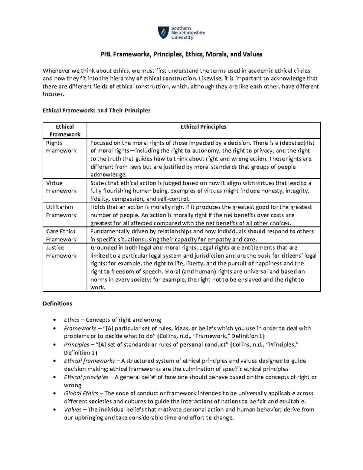 PHL Ethical Frameworks: Principles, Morals, and Values Explained - Studocu
