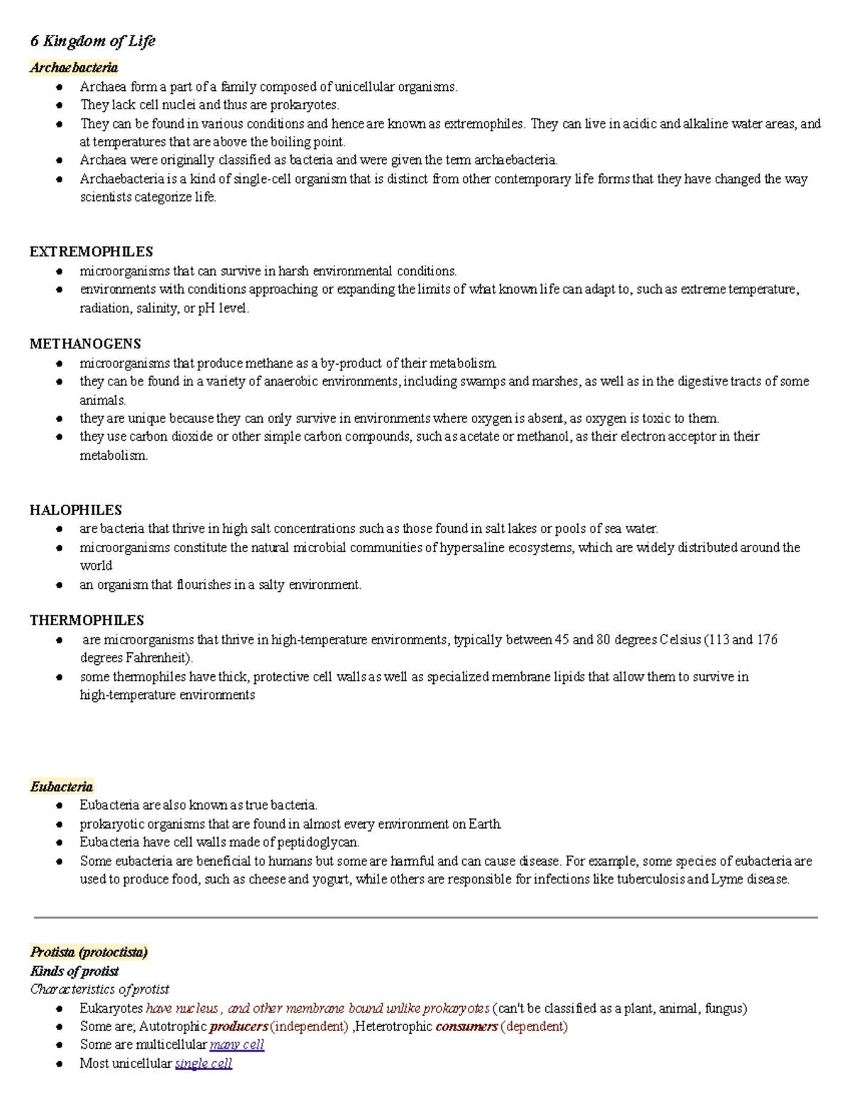 6 Kingdoms of Life Overview (Study Notes) - Studocu