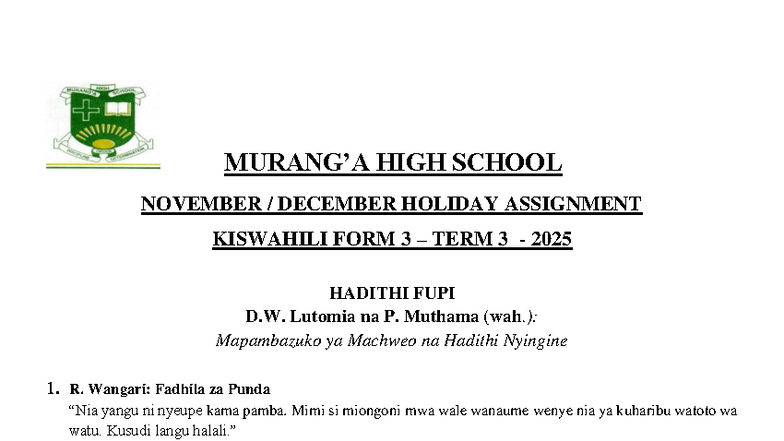 KISWAHILI FORM 3 TERM 3 HOLIDAY ASSIGNMENT 2025: HADITHI FUPI - Studocu