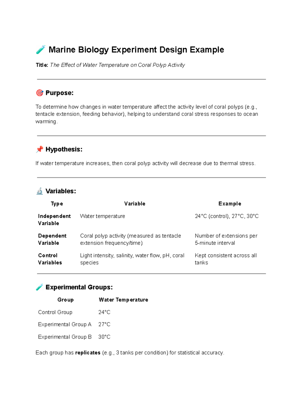 Marine Biology Experiment Design: Impact of Temp on Coral Polyp ...