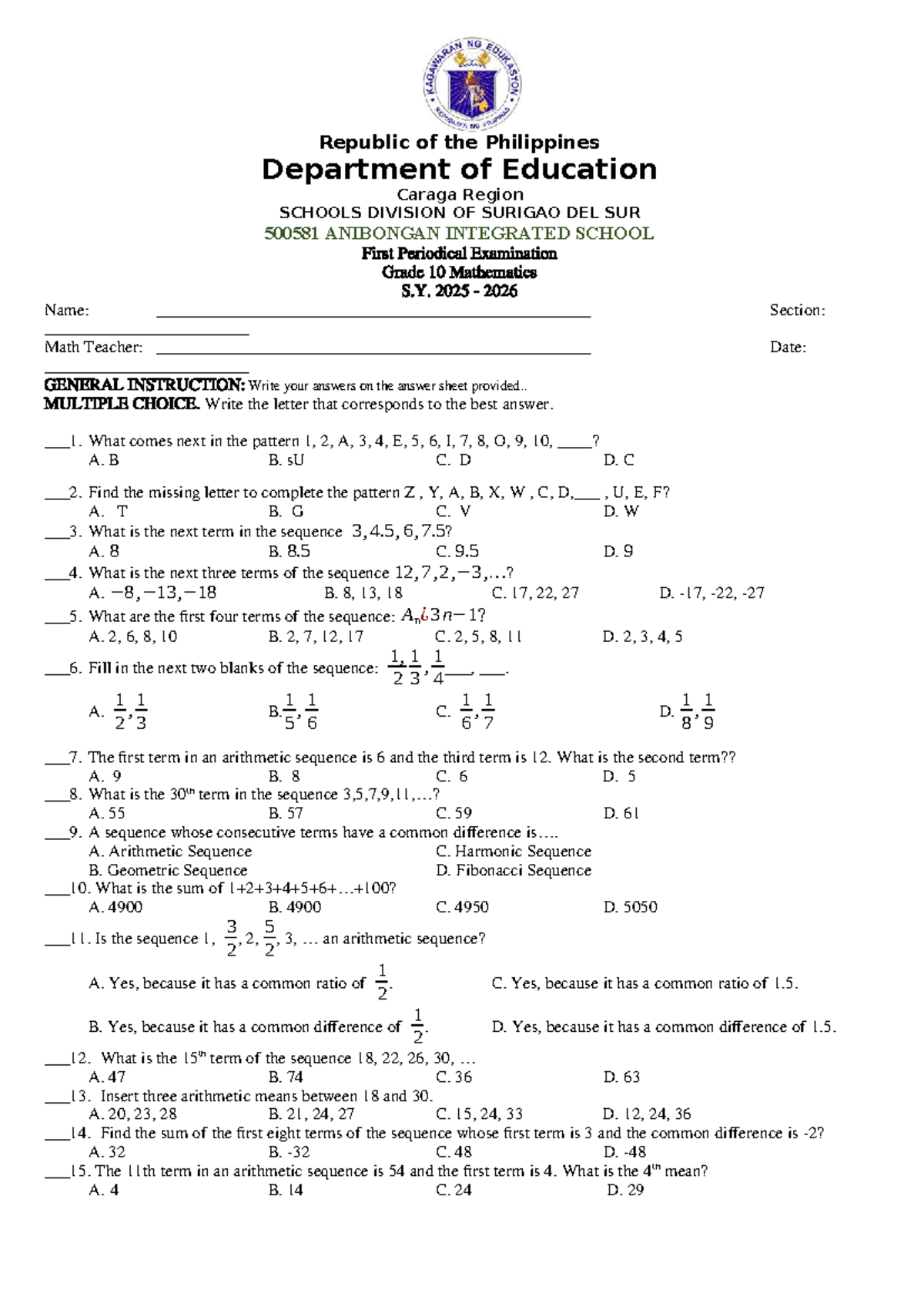 Math 10 First Periodical Exam Review S.Y. 2025-2026 - Studocu