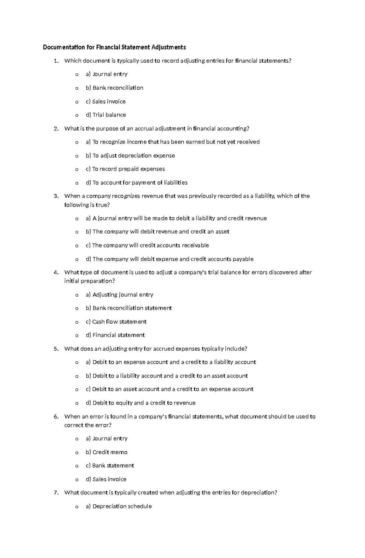 Documentation for Financial Statement Adjustments - Which document is ...