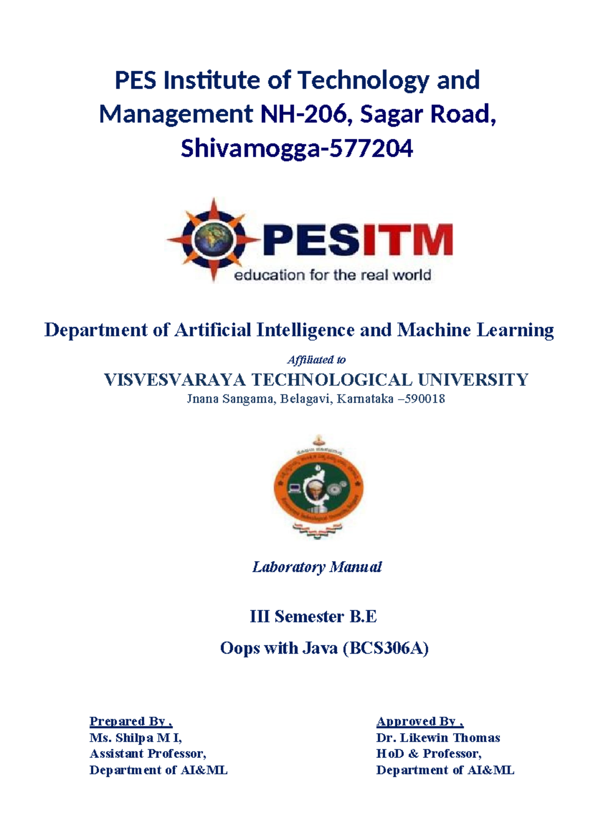 Oops with Java Lab Manual BCS306A - PESITM - Studocu