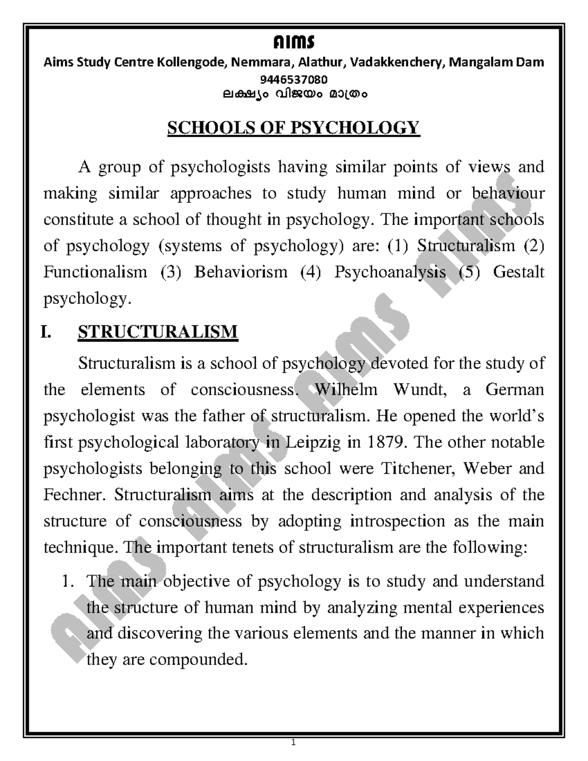 Schools of Psychology - Its lectures note - Aims Study Centre Kollengode, Nemmara, Alathur ...