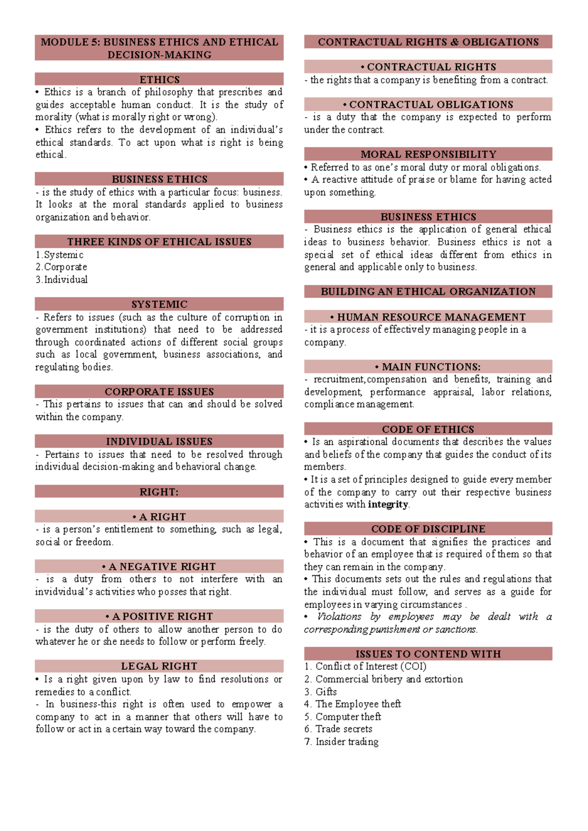 MODULE 5: BUSINESS ETHICS AND MORAL RESPONSIBILITY Notes - Studocu