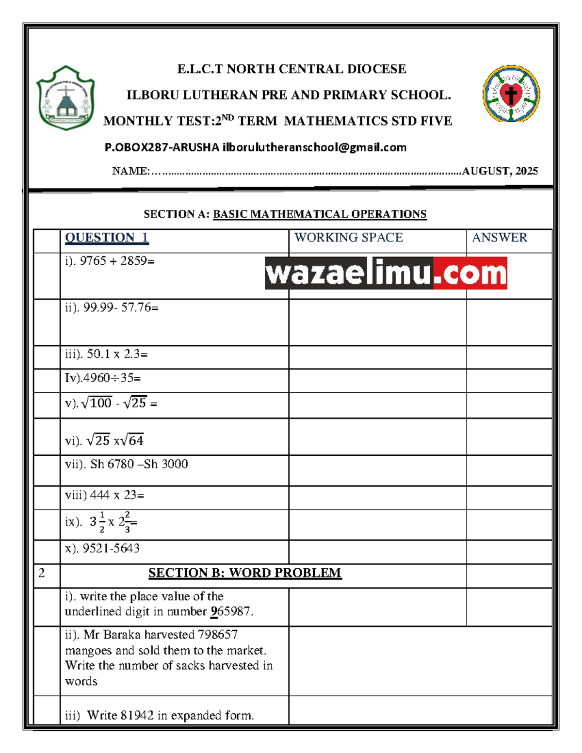Monthly Test: 2nd Term Mathematics Std V - Ilboru August 2025 - Studocu