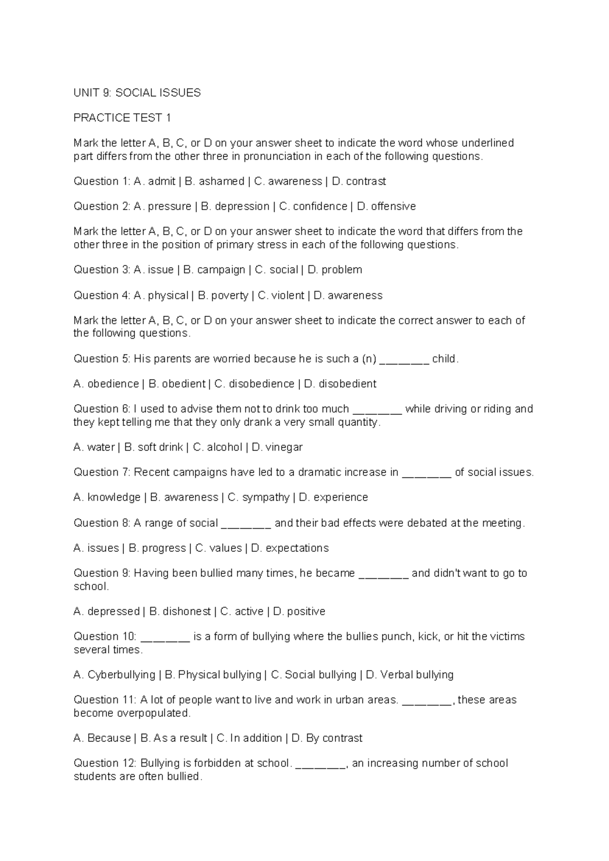 UNIT 9: SOCIAL ISSUES PRACTICE TEST 1 - Studocu