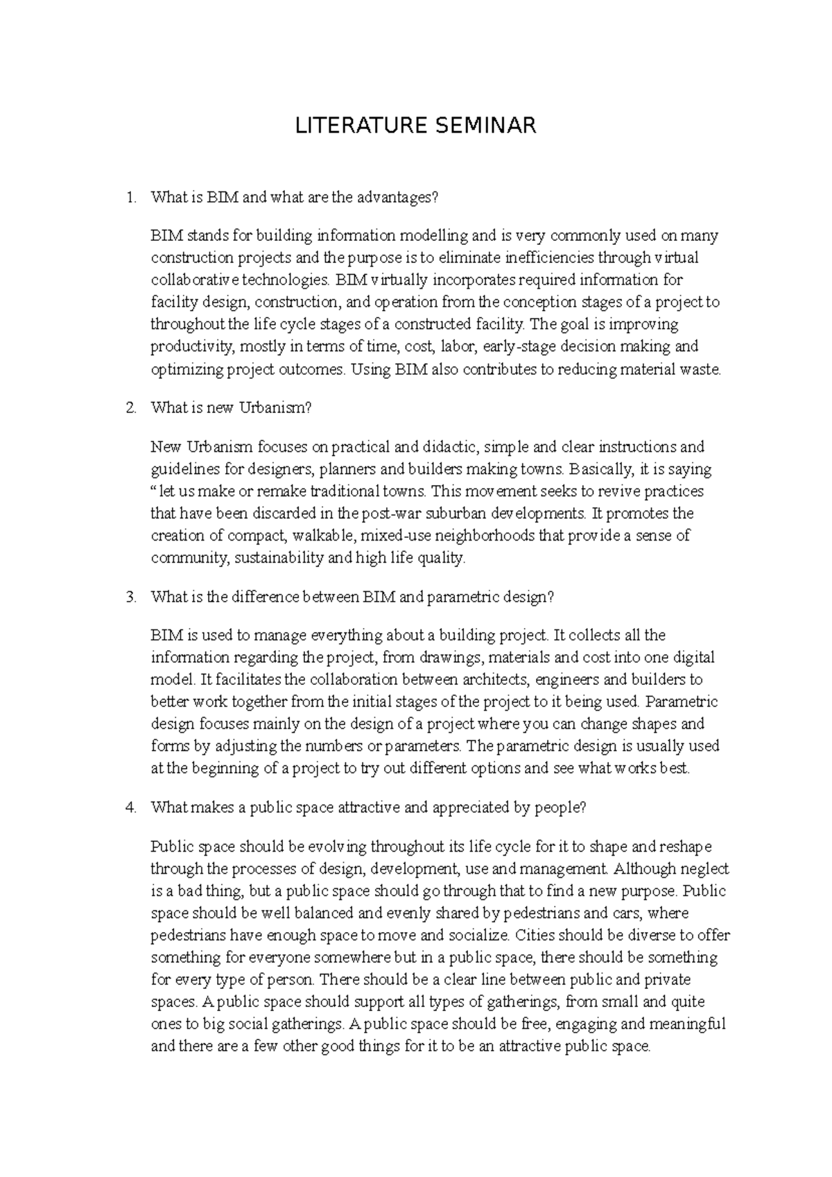 LITERATURE SEMINAR: Exploring BIM, New Urbanism & Public Spaces - Studocu