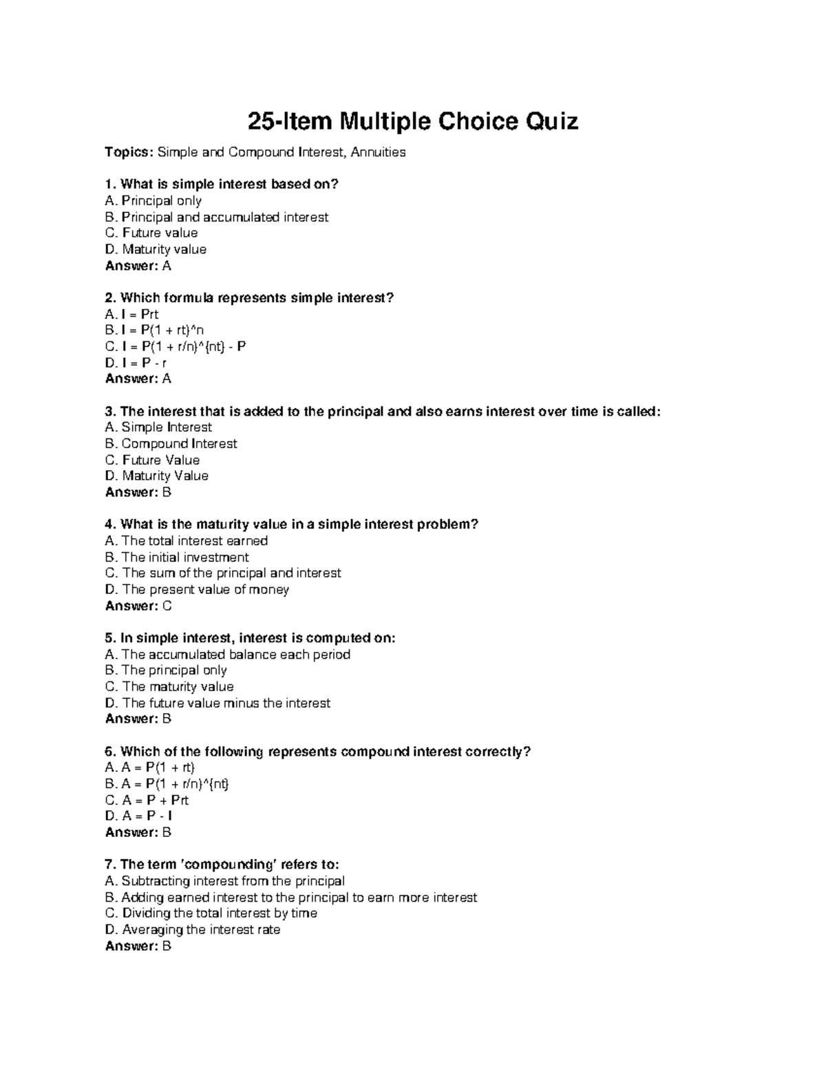 Quiz on Simple and Compound Interest (Course Code: MATH101) - Studocu