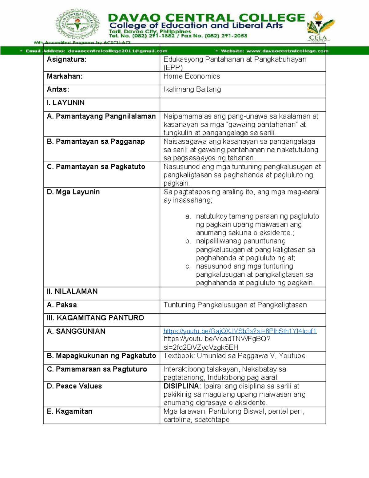 EPP 5 Lesson Plan: Health and Safety in Cooking Activities - Studocu