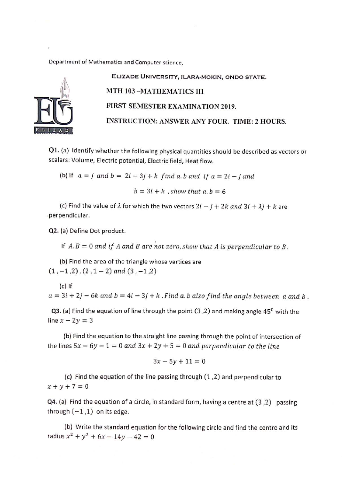 MTH 103 EU First Semester Exam Questions - 2019 - Studocu