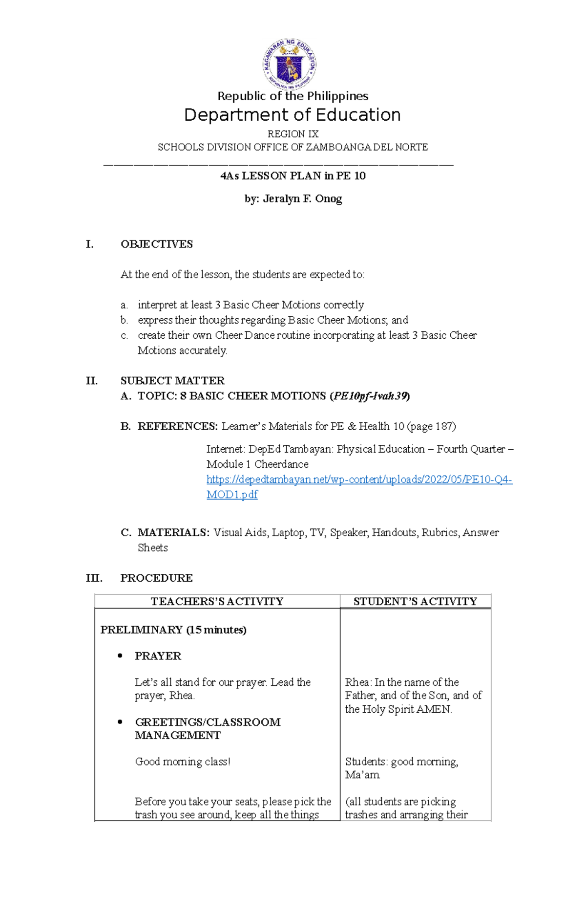 PE 10: 4As Lesson Plan on Basic Cheer Motions by Jeralyn F. Onog - Studocu
