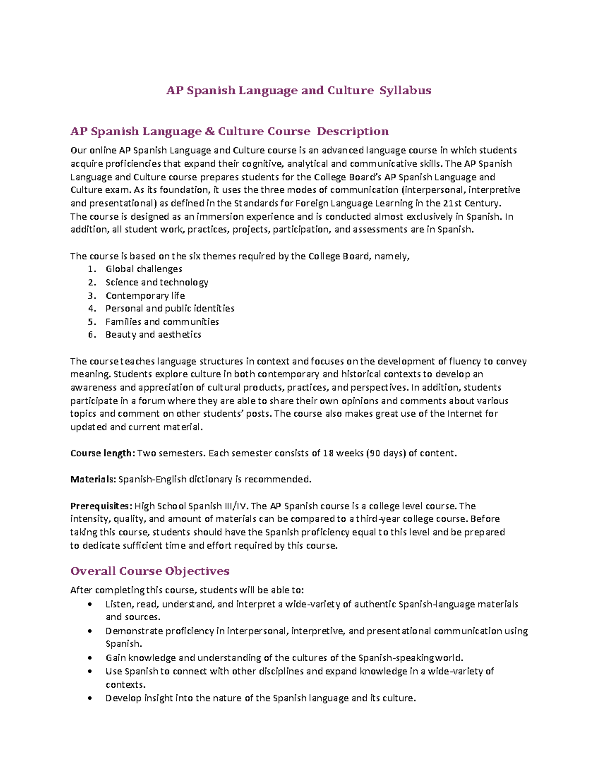 AP Spanish Language & Culture Syllabus - Comprehensive Guide - Studocu