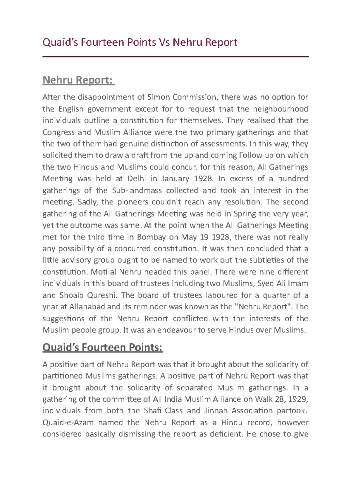 Quaid vs Nehru - Quaid’s Fourteen Points Vs Nehru Report Nehru Report ...