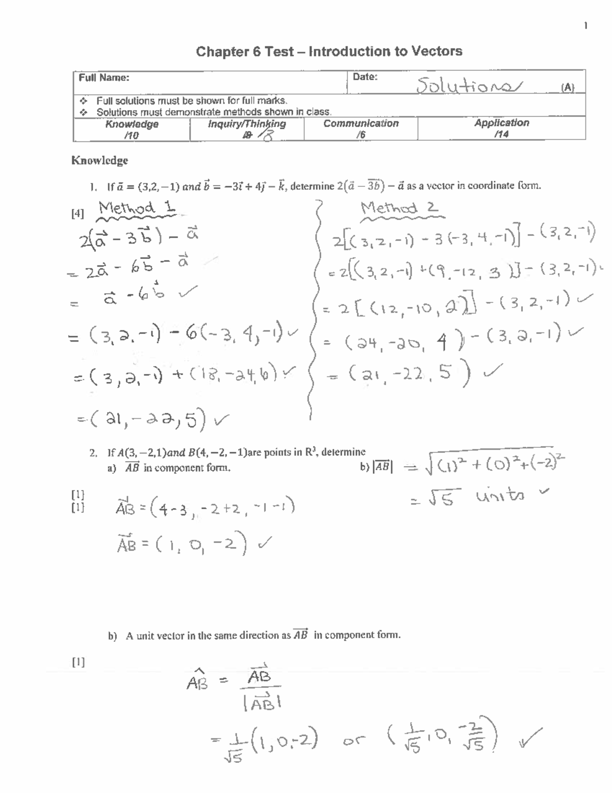 UNIT 6 TEST D - Chapter 6 Introduction to Vectors Solutions - Studocu