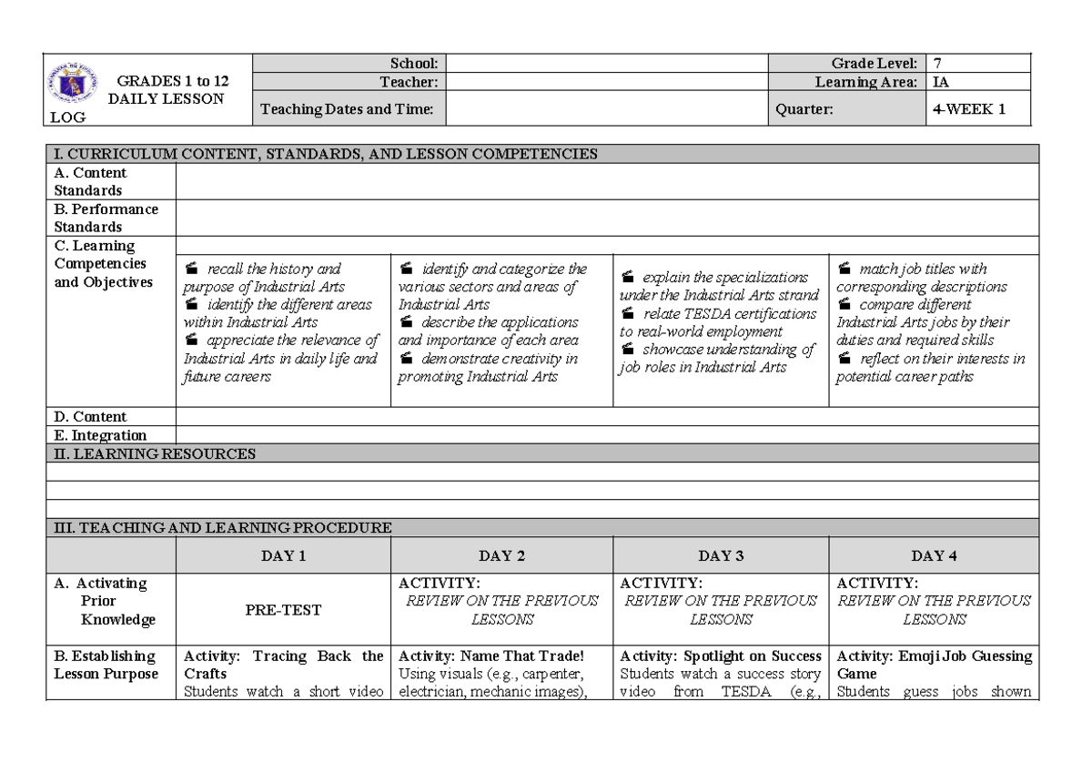 Q4_LE_TLE 7_Lesson Plan: Exploring Industrial Arts Careers - Studocu