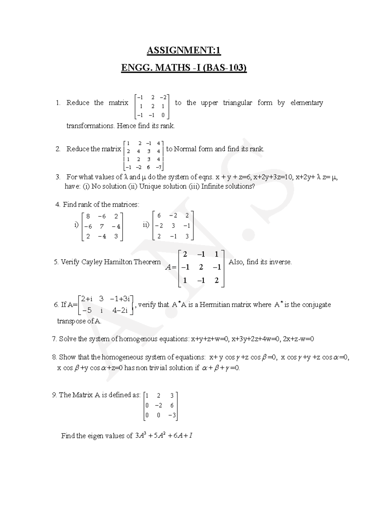 Assignment-1 MATH-1: Matrix Reduction and Rank Analysis - Studocu