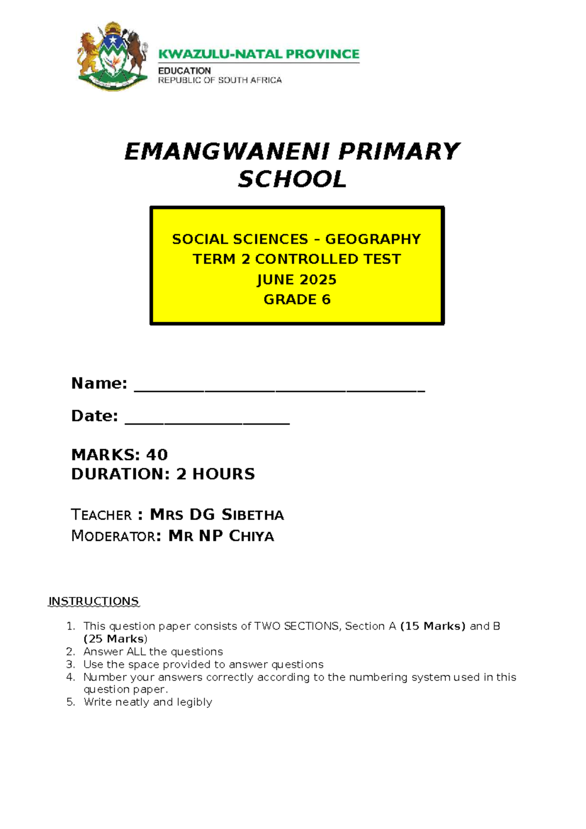 SS Grade 6 Geography Term 2 Controlled Test June 2025 - Studocu