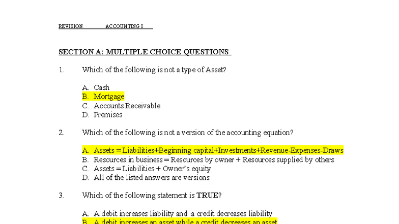 PAT0045 Accounting I Revision: Multiple Choice Questions & Answers ...